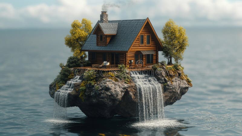 Secluded Log Cabin on a Rocky Waterfall Island Stock Illustration ...
