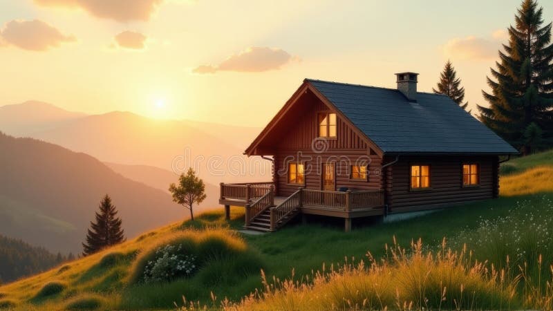 Secluded Log Cabin at Sunset in Mountain Landscape Stock Illustration ...