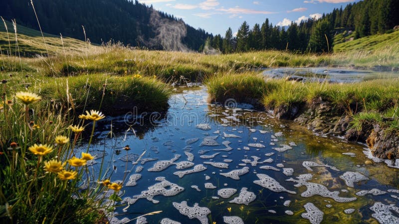 A Secluded Meadow with a Natural Hot Spring Bubbling Up from the Ground ...