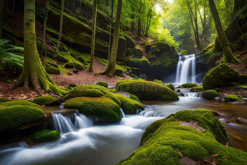 A Secluded, Moss-covered Glen with a Trickling Stream and Ancient Stone ...