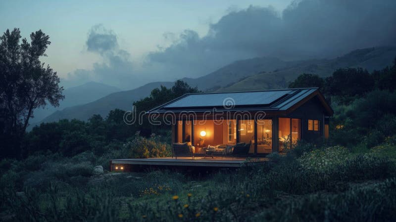 Secluded Mountain Cabin at Dusk Stock Illustration - Illustration of ...