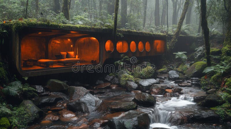 Secluded Restaurant in Lush Jungle Setting with Warm Interior Lighting ...