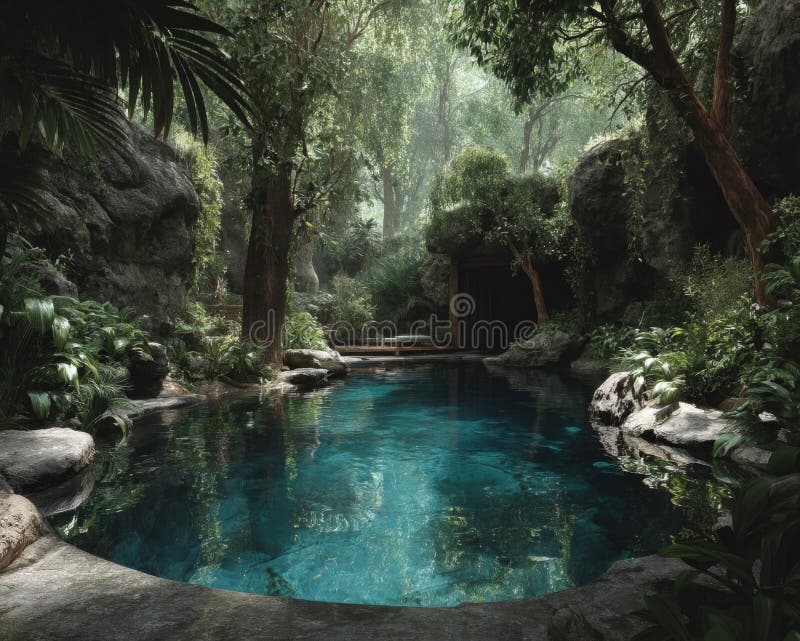Secluded Teal Pool in Lush Tropical Jungle Stock Illustration ...