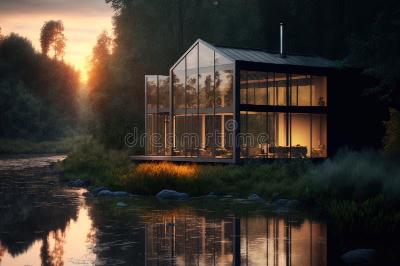 Secluded Tiny House on the Shore of a Lake with Fog in a Coniferous ...