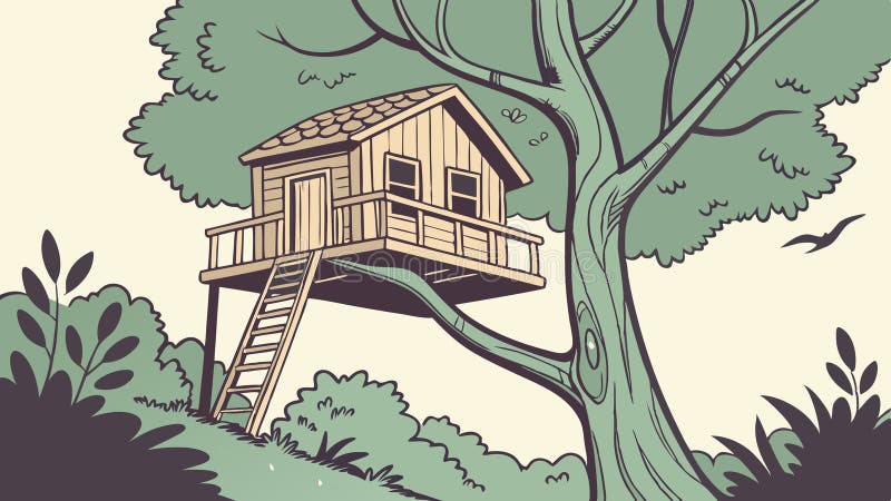 Secluded Treehouse with Ladder, Accessible by Winding Nature Path, Vector Design Generative AI ...