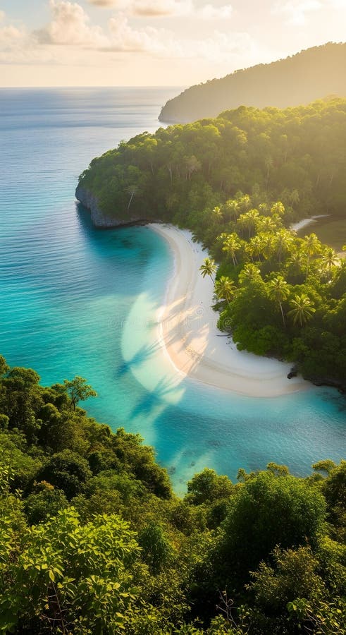 Secluded Tropical Bay with Curved White Sand Beach and Lush Greenery ...
