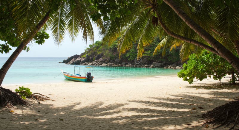 Secluded Tropical Beach with Colorful Boat Stock Illustration ...