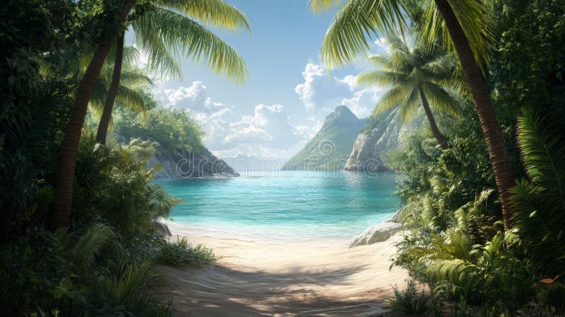 Secluded Tropical Beach Cove with Lush Palm Trees Stock Illustration ...