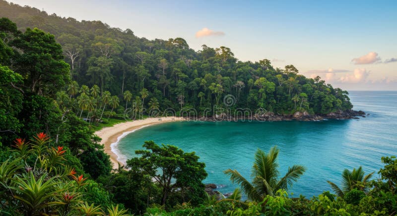 Secluded Tropical Beach Cove at Sunset Stock Illustration ...