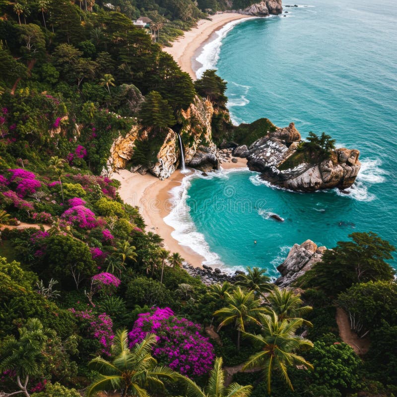 Secluded Tropical Beach Cove with Waterfall Stock Illustration ...