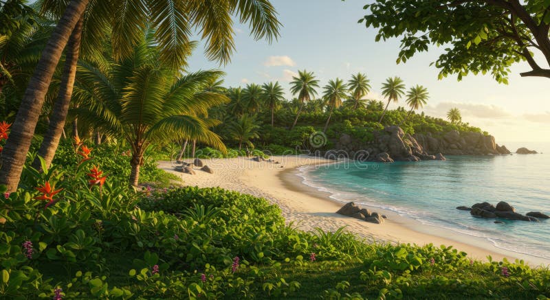 Secluded Tropical Beach at Sunset Stock Illustration - Illustration of ...