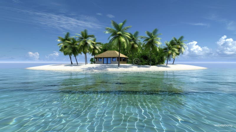 Secluded Tropical Island with a Single Hut Surrounded by Palm Trees ...