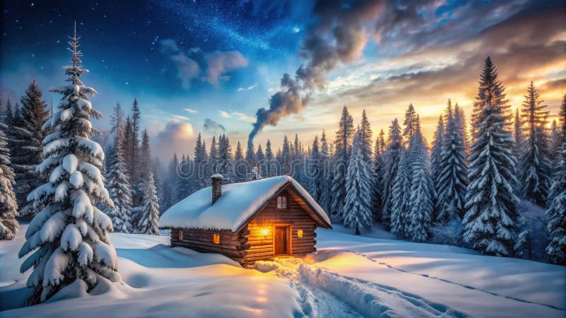 Secluded Winter Cabin in a Snowy Forest at Sunset with Starry Night Sky ...