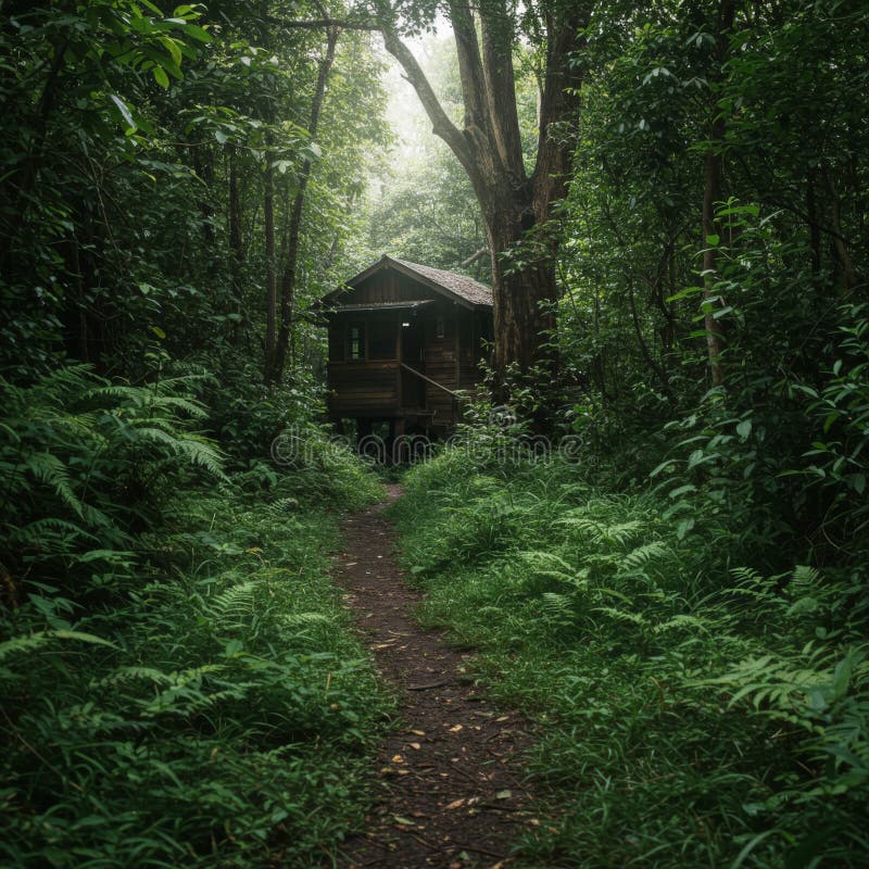 Secluded Wooden Cabin on a Forest Path Stock Illustration ...
