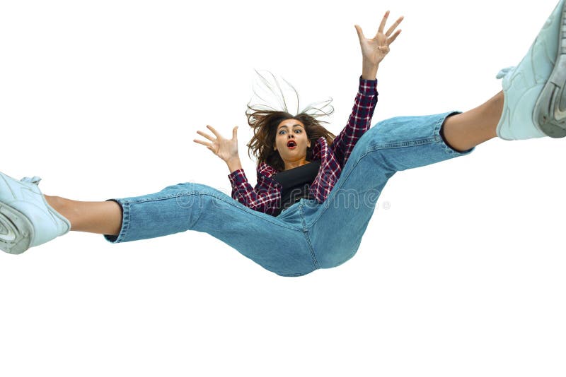 A Second before Falling - Young Girl Falling Down with Bright Emotions ...