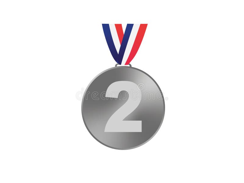Second Place Silver Medal Icon with Blue, White, Red Ribbon Stock ...