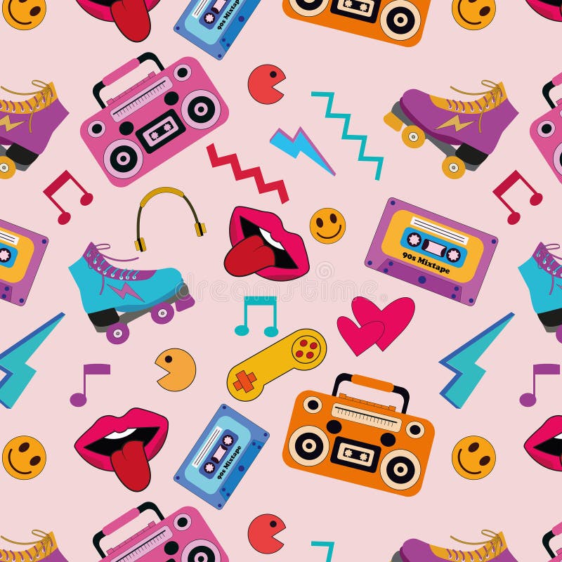 90s Icons Seamless Pattern with Cassette Tape, Boombox and Roller ...