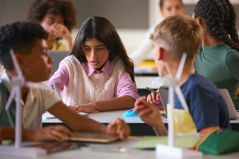 Secondary or High School Students Studying Wind Turbines in Science ...