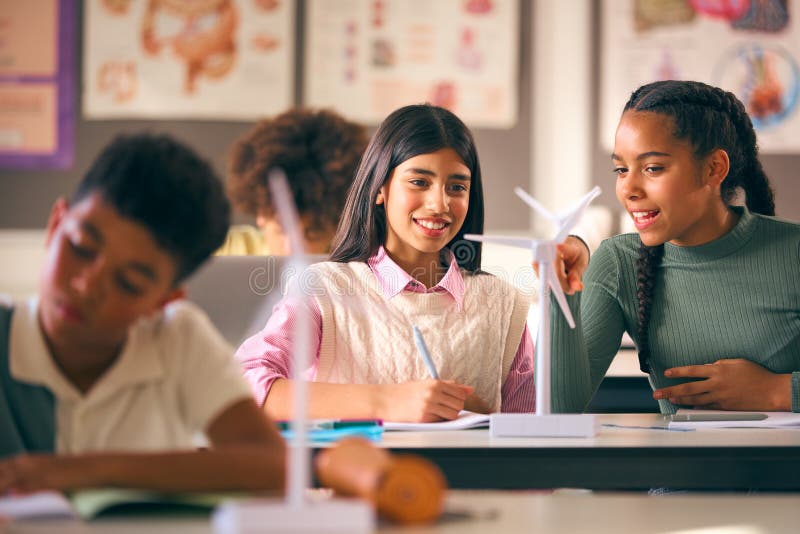 Secondary or High School Students Studying Wind Turbines in Science ...