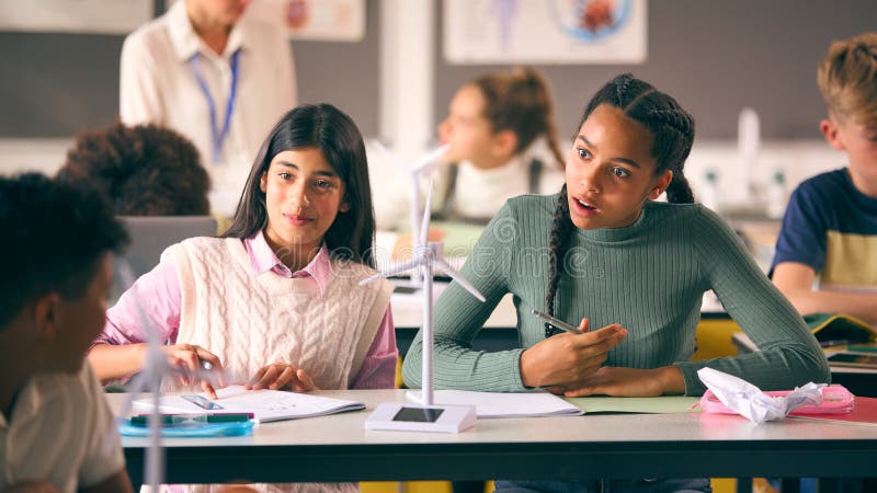 Secondary or High School Students Studying Wind Turbines in Science ...