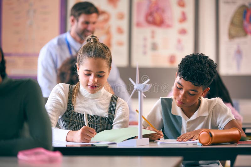 Secondary or High School Students Studying Wind Turbines in Science ...