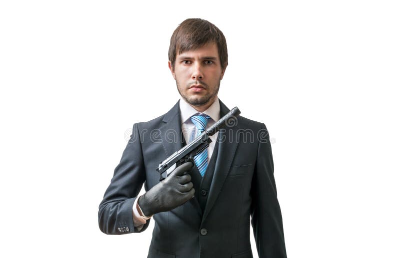 Hitman or Assassin Holds Pistol with Silencer in Hands Stock Photo ...
