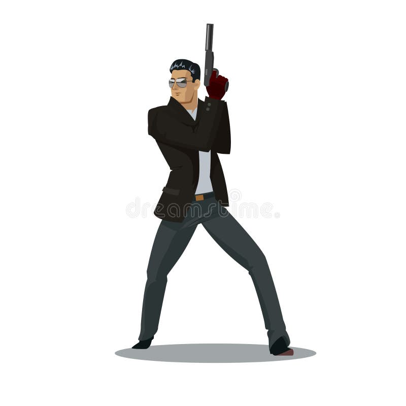 Secret Agent with Gun and Glass. Woman in Red Turned His Back To Stock ...