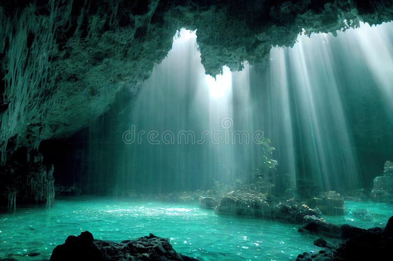 Secret Blue Lagoon Underwater Cave in Ocean Journey. Stock Illustration ...