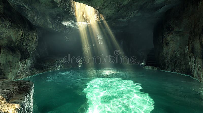 Secret Cave with Sunlight Piercing through an Opening, Illuminating an ...