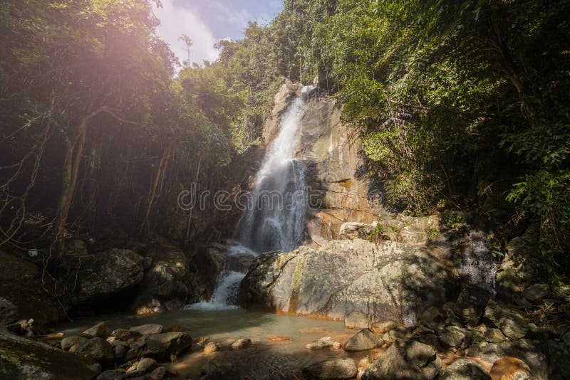 Secret Tropical Waterfall in Jungle on a Samui Island. Stock Image ...