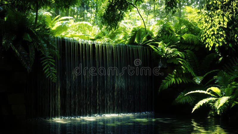 Secret Waterfall Oasis: a Lush Garden Scene Stock Illustration ...
