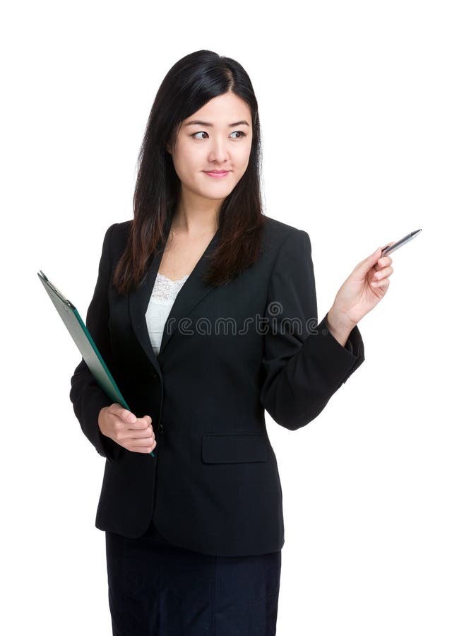 Secretary with Clipboard and Pen Point Out Stock Photo - Image of asia ...