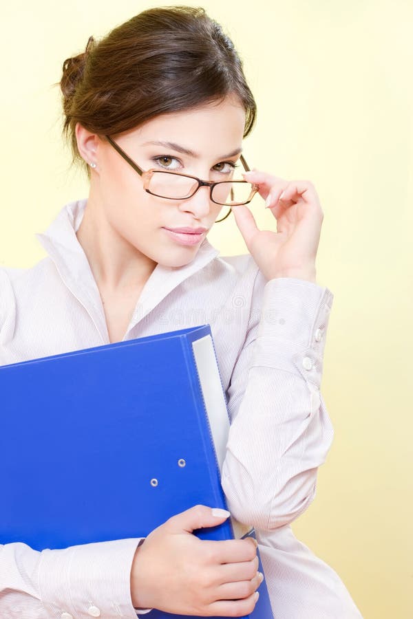 Secretary with Eyeglasses Holding File Stock Image - Image of brown ...