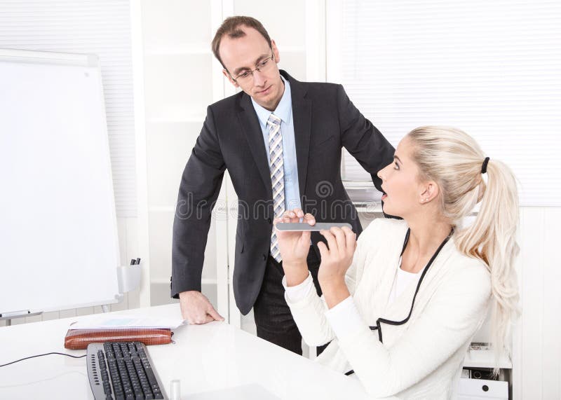 Secretary Making Manicure at Office and Surprised Boss. Stock Photo ...