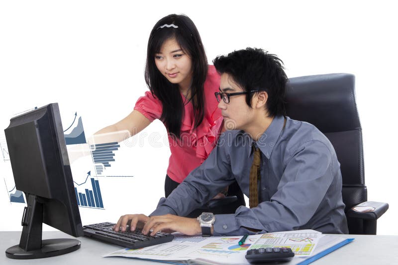 Secretary and Manager with Virtual Screen Stock Image - Image of happy ...