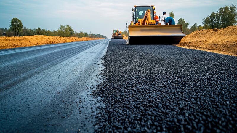 A Section of an Asphalt Road Under Construction with Visible Machinery ...