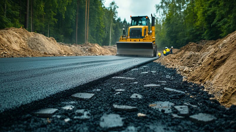A Section of an Asphalt Road Under Construction with Visible Machinery ...