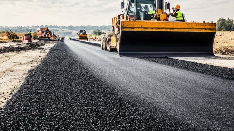 A Section of an Asphalt Road Under Construction with Visible Machinery ...