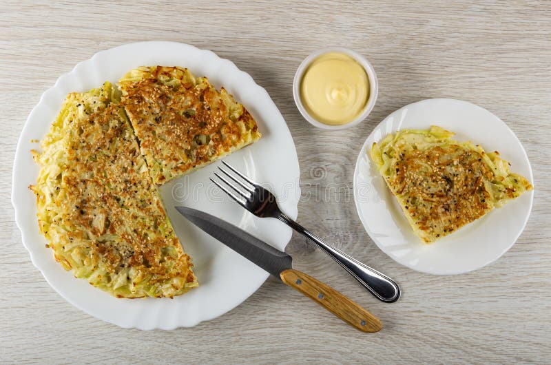 Section Cabbage Flatbread, Knife, Fork in Dish, Bowl with Mayonnaise ...