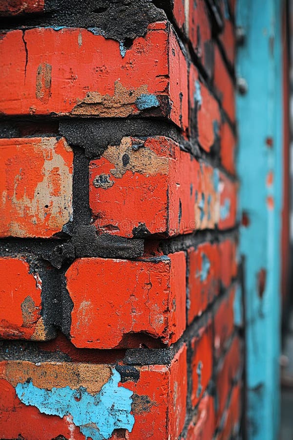 A Section of Red Brick Wall with Blue Paint Applied in Various Patterns ...