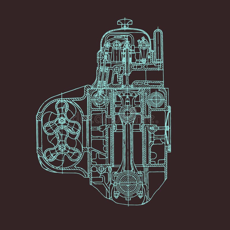 Sectional Drawing of an Vintafe Two-stroke Diesel Engine with a Blower ...