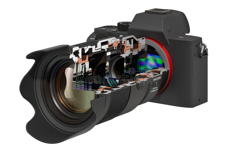 Sectional of Mirrorless Digital Camera with Zoom Lens, 3D Rendering ...