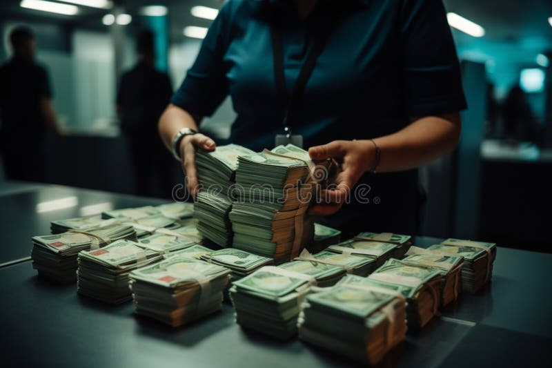 Secure Banking Employees Sorting and Counting Paper Banknotes in Vault ...