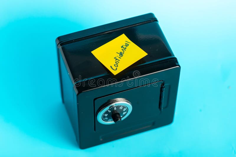 Secure Black Safe with Confidential Sticky Note on Blue Background ...