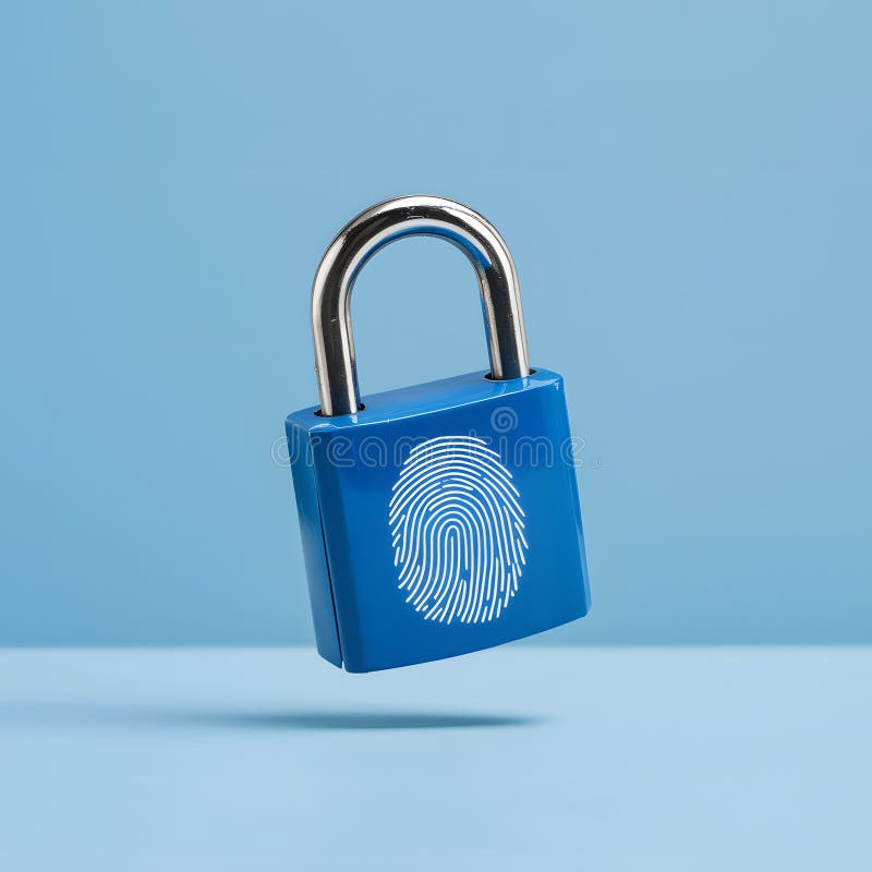 Secure Blue Padlock with Fingerprint Imprint on Blue Background ...