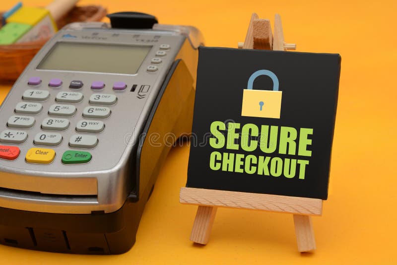 Secure Checkout Sign with Credit Card Swipe Machine Stock Photo - Image ...