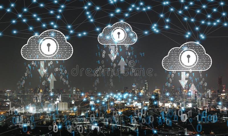 Cloud Data Security and Network Connection Concept Showing Encrypted Information Transfer Over ...