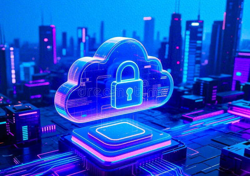 Secure Cloud Computing with Holographic Lock in Futuristic City Stock Illustration ...