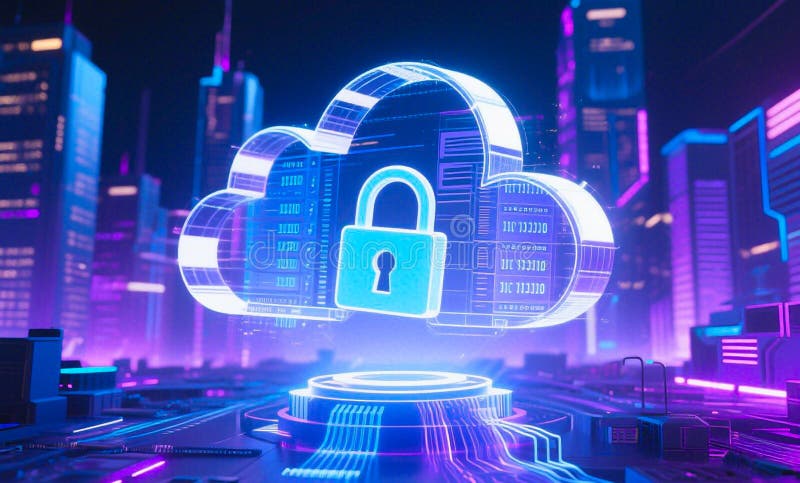 Secure Cloud Computing with Holographic Lock in Futuristic City Stock Illustration ...