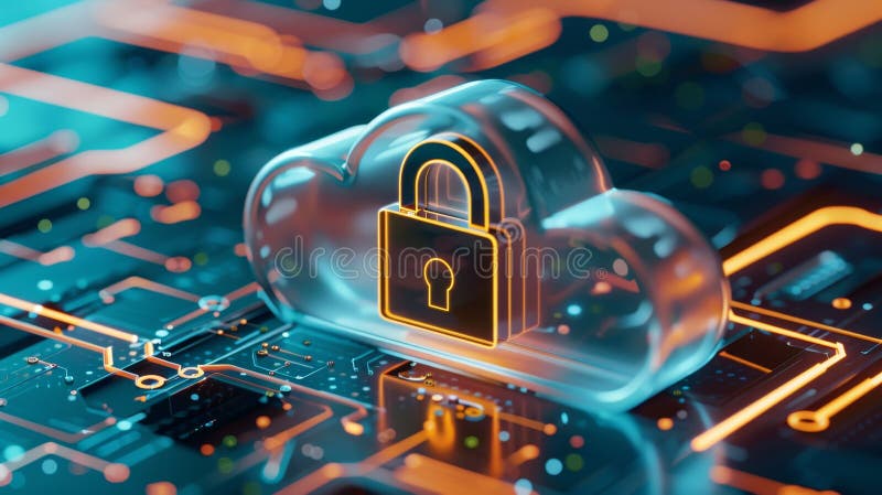 Secure Cloud Concept Lock Icon in Translucent Cloud on Neon Digital ...